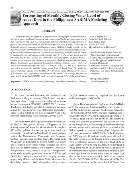 Pdf Forecasting Of Monthly Closing Water Level Of Angat Dam In The Philippines Sarima