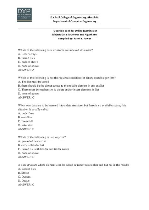 Dsa 101 Mcq Question Bank On Data Structures And Algorithms Studocu