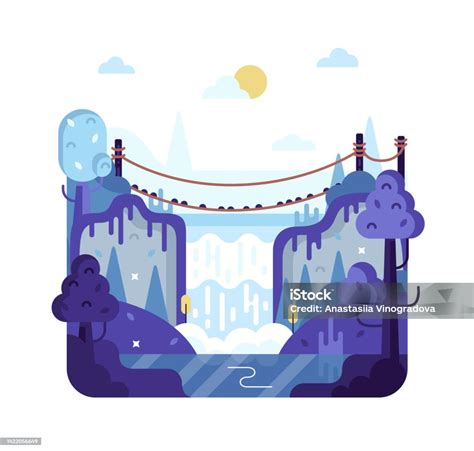 폭포 위의 현수교 평평한 타일의 벡터 만화 일러스트 레이 션 0명에 대한 스톡 벡터 아트 및 기타 이미지 0명 2차 도형 개념 Istock