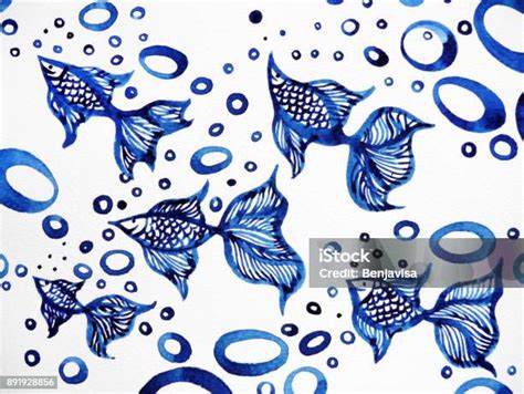 금붕어 종이 디자인 일러스트 레이 션에 수채화 그림 패턴 곤색에 대한 스톡 벡터 아트 및 기타 이미지 곤색 그림 그리기 금붕어 Istock