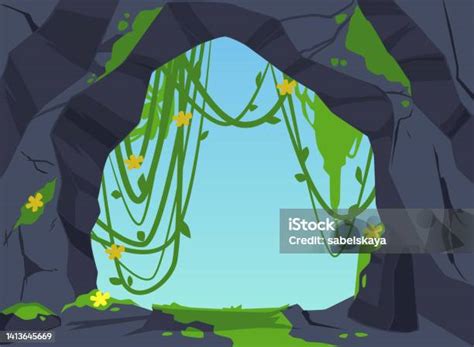 열대 및 정글 식물이있는 돌 동굴 입구 풍경 만화 플랫 벡터 일러스트레이션 내부에 대한 스톡 벡터 아트 및 기타 이미지 내부 모험 숲 Istock