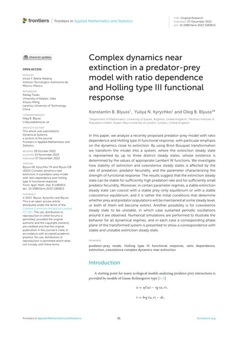 Pdf Complex Dynamics Near Extinction In A Predator Prey Model With Ratio Dependence And