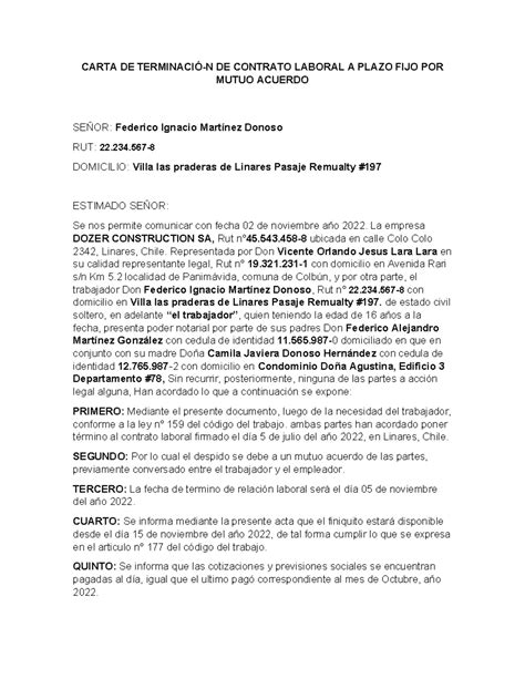 Termino De Contrato Mutuo Acuerdo Carta De TerminaciÓ N De Contrato