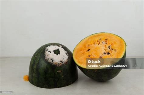 노란 살을 가진 곰팡이 버릇없는 수박 반으로 자른다 제품의 잘못된 저장 개념 유기 폐기물 의 감소 0명에 대한 스톡 사진 및 기타 이미지 Istock