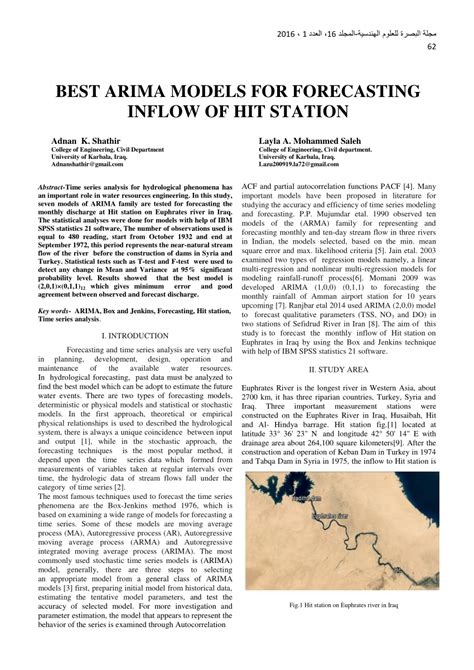 pdf best arima models for forecasting inflow of hit station