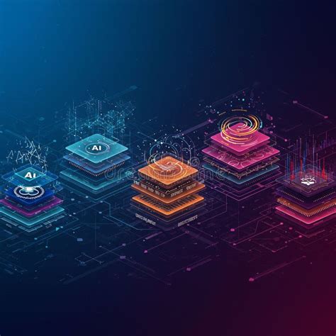 Abstract Digital Illustration Depicting Layered Colorful Circuits