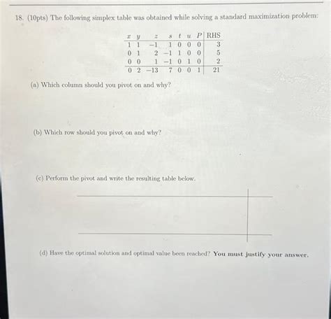 Solved 8 10pts The Following Simplex Table Was Obtained