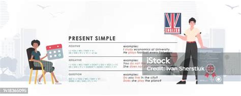현재 시몰 영어로 시제를 공부하는 규칙 영어 학습의 개념 트렌디 한 캐릭터 만화 스타일 벡터 일러스트레이션 교사 교육 관련 직업에 대한 스톡 벡터 아트 및 기타 이미지