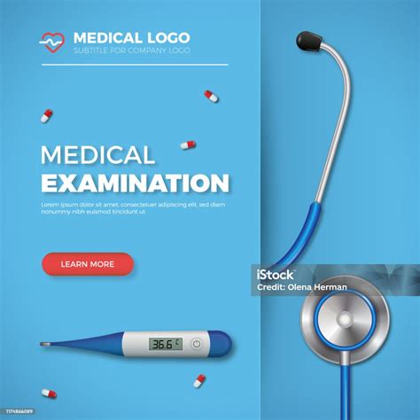 건강 검진 카드 파란색 배경에 의료 도구와 로고가있는 의료 배너 포스터 소셜 미디어 웹 커버를위한 의학 건강 십자가 및 장식에 좋습니다 벡터 일러스트레이션 개념에 대한 스톡