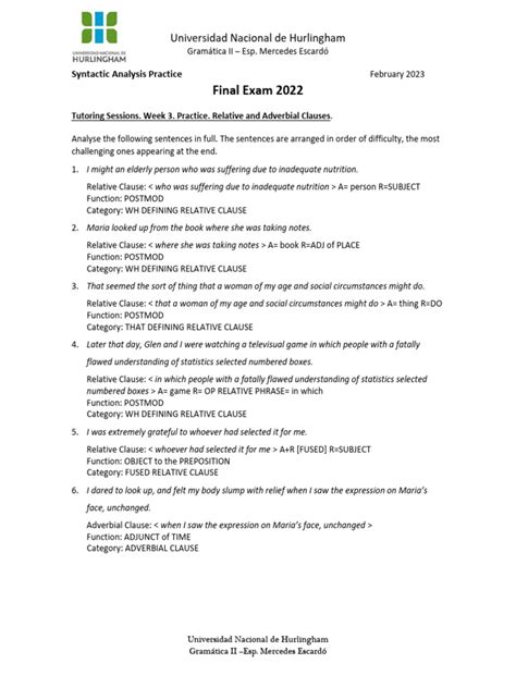 Syntactic Analysis Practice 03 September 2023 Key Pdf Clause