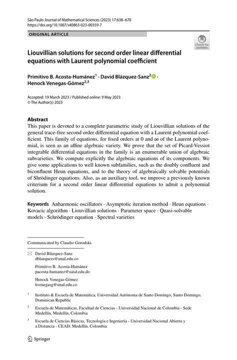 Pdf Liouvillian Solutions For Second Order Linear Differential Equations With Laurent