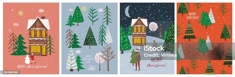 크리스마스 트리 겨울 숲 사람과 문자와 메리 크리스마스와 새해 새해 2022의 휴일 카드의 유행 추상적 인 그림을 그릴 벡터 손 아이에 대한 스톡 벡터 아트 및 기타 이미지