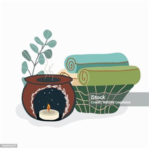 향기로운 아늑한 양초 휘게 시간 아로마 테라피와 휴식 손으로 그린 평면 벡터입니다 휴식과 스파를 위한 장식용 왁스 양초 개인 장식품에 대한 스톡 벡터 아트 및 기타 이미지
