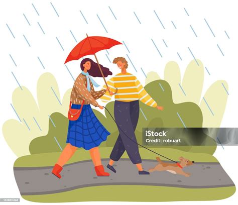 우산을 가진 젊은 부부는 공원에서 작은 개와 함께 산책 비오는 날씨에 야외 활동 비에 대한 스톡 벡터 아트 및 기타 이미지 비 풍경 걷기 Istock
