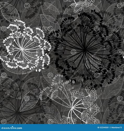 Monochrome Seamless Pattern Of Abstract Flowers Hand Drawn Flor Stock Illustration