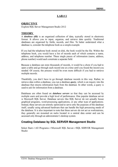 Dms Lab Manual Updated Lab Lab 1 Objective Explore Sql Server