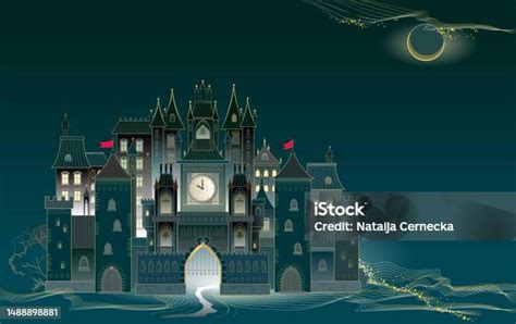 옛 성이 있는 판타지 배경 탑과 시계가 있는 중세 왕국 동화의 나라에 있는 상상의 중세 시대 어린이 동화책 포스터 벽지 게임