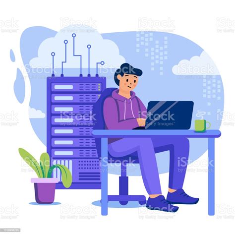 클라우드 데이터 센터 개념 엔지니어는 서버룸에서 작업하며 기술 지원 하드웨어 유지 관리 클라우드 컴퓨팅 기술 사용자 장면의 템플릿입니다 플랫 디자인의 문자가 있는 벡터