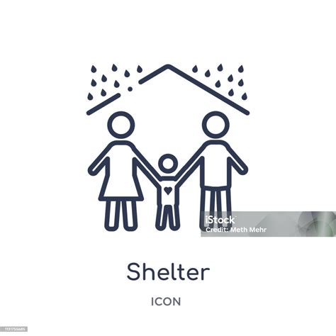 자선 개요 컬렉션의 선형 대피 소 아이콘 얇은 라인 쉼터 벡터 흰색 배경에 고립입니다 쉼터 유행 삽화 가족에 대한 스톡 벡터