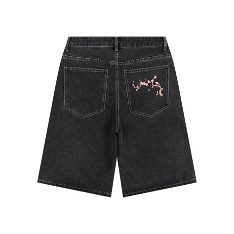 Embroidered Geisha And Cherry Blossom Jorts Charcoal Wash Aestheticswear