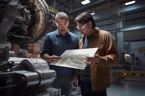 Premium Photo Two Men Looking At A Map In A Factory