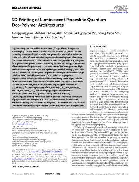 Pdf 3d Printing Of Luminescent Perovskite Quantum Dotpolymer Architectures
