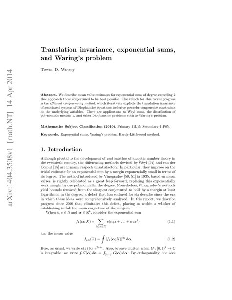 Pdf Translation Invariance Exponential Sums And Warings Problem