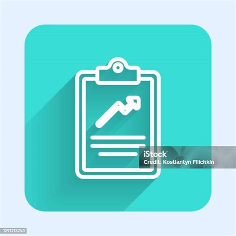 긴 그림자로 격리 된 그래프 차트 아이콘이있는 흰색 라인 클립 보드 텍스트 파일 아이콘을 보고합니다 회계 기호 감사 분석 계획 녹색 정사각형 버튼입니다 벡터 0명에 대한