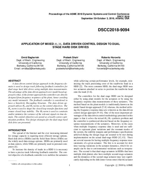 Pdf Application Of Mixed H2h∞ Data Driven Control Design To Dual Stage Hard Disk Drives