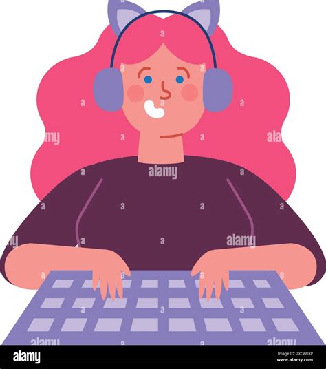 Girl Gamer With Cat Ears Headset Sits With Keyboard Isoalted Stock