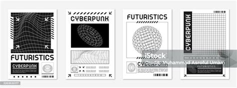 현대 추상 포스터 모음 애시드 스타일로 복고풍 미래 지향적 인 디자인 요소 원근 그리드 터널 원 흑백 복고풍 사이버펑크 스타일 벡터 일러스트 레이 션 3차원 형태에 대한