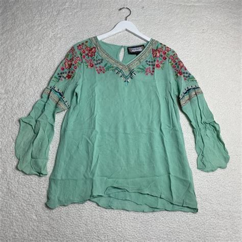 Vintage Collection Boho Embroidered Tunic Top Kellie Mint Green Flare