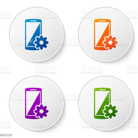흰색 바탕에 스마트 폰 화면 아이콘에 색상 설정 휴대 전화와 기어 기호입니다 응용 프로그램을 조정 옵션을 설정 수리 전화 개념을 수정 원 버튼의 색상 아이콘을 설정 합니다