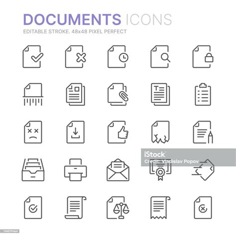 문서 라인 아이콘의 컬렉션입니다 48x48 픽셀 완벽 한 편집 가능한 스트로크 데이터에 대한 스톡 벡터 아트 및 기타 이미지 데이터 문서 벡터 Istock