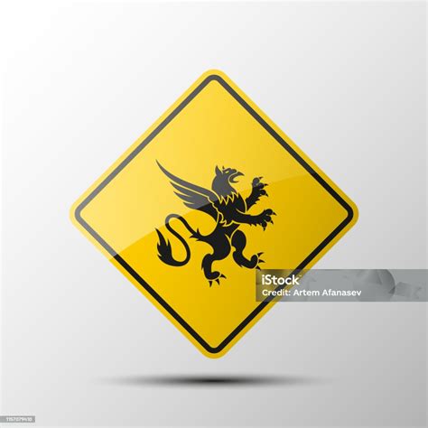 검은 색 테두리와 흰색 배경에 팔의 이미지 코트와 노란색 다이아몬드 도로 표지판 그림 날개 꼬리 발톱 아이콘이 있는 사자 헤럴드리 아이콘 거리에 대한 스톡 벡터 아트 및