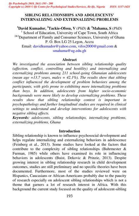 Pdf Sibling Relationships And Adolescents Internalizing And Externalizing Problems