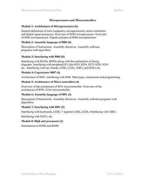 Micro Lecture Notes 4 Microprocessors And Microcontrollers Syllabus