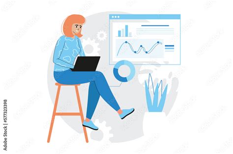 Data Analysis Blue Concept With People Scene In The Flat Cartoon Design Woman Creates Diagrams