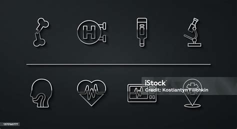 세트 라인 인간 부러진 뼈 인후통 현미경 심장 박동 심박수 병원 간판 위치 교차 병원 및 디지털 온도계 아이콘모니터 벡터 건강 진단에 대한 스톡 벡터 아트 및 기타 이미지