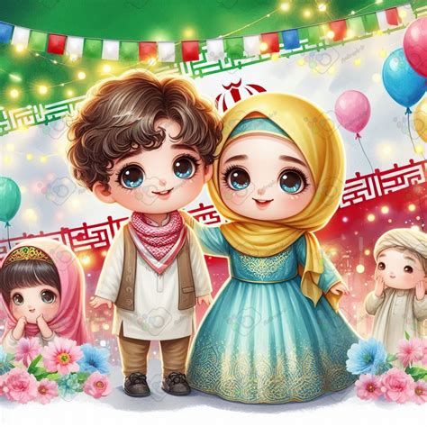 بک گراند کودکانه دختر ناز با حجاب و پسر ایرانی در جشن ملی با پس زمینه
