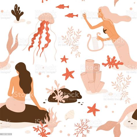 바다 동식물과 이음새가 없는 패턴을 가진 아름다운 젊은 인어 동화와 수중 생물 벽지 바다와 바다의 미학 만화 스타일의 고립 된