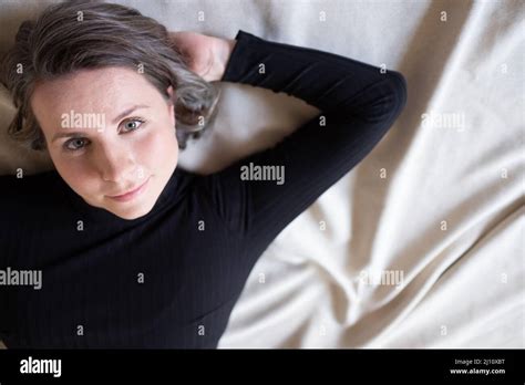 Woman Smiling At Camera Profile View Of Mature Woman In Black Casuals Looking Happy Stock