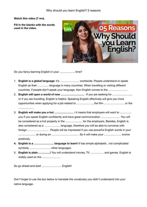 Why Should You Learn English 5 Reasons Worksheet Cursillo Cuadernos