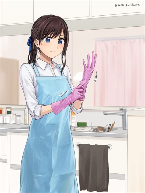 Safebooru 1girl Adjusting Clothes Adjusting Gloves Apron Blue Apron