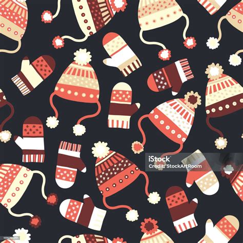 모자와 장갑 원활한 벡터 배경 레드 블랙 베이지 색니트 겨울 옷과 현대적인 계절 겨울 패턴 타일 아늑한 핸드메이드 니트 겨울 웨어 디자인 스칸디나비아 스타일 패턴에 대한