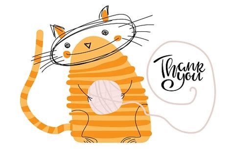 텍스트와 귀여운 고양이 감사합니다 감사 데이 카드에 대한 만화 캐릭터 스레드 볼을 잡는 좋은 미소 컷 필기 서예 브러시 레터링