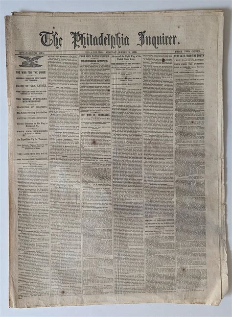 Lot Antique Civil War Newspaper The Philadelphia Inquirer March 3 1862