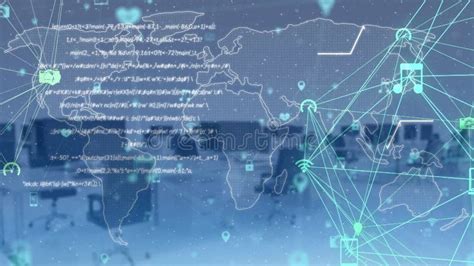 Animation Of Connected Icons Forming Globes Over Computer Language On