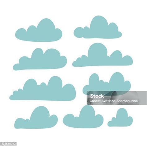 플랫 심플한 스타일로 클라우드 실루엣 세트 클라우드 아이콘 모양 레이블 기호의 컬렉션입니다 로고 웹 및 인쇄를 위한 그래픽 핸드 그린 요소 벡터 디자인 개념에 대한 스톡
