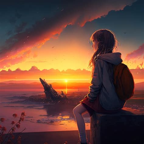 Chica Anime Viendo La Puesta De Sol Ilustración 3d Foto Premium